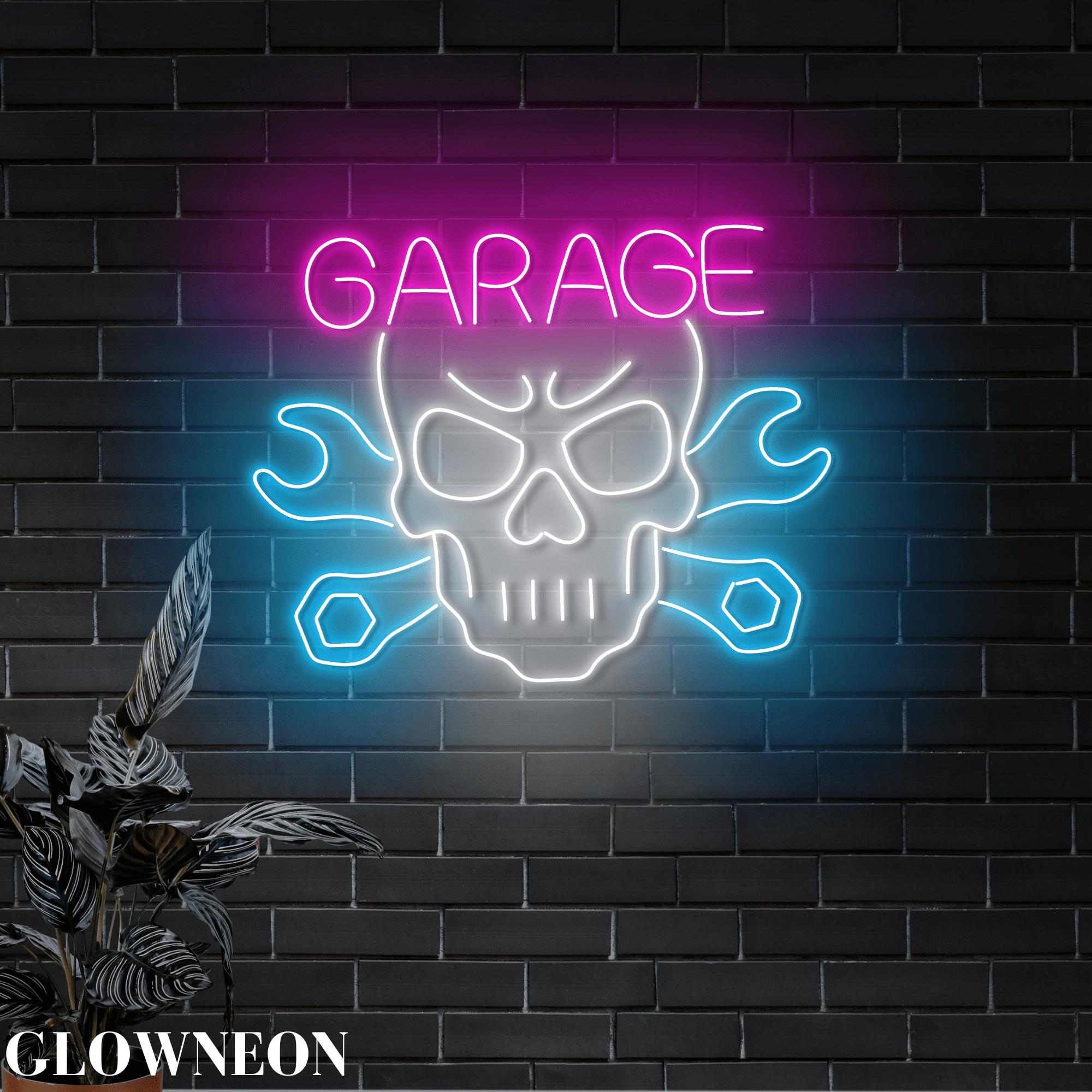 Glowneon Skull Spanner Garage Neon Sign, Open Car Garage Led Wall Art ...