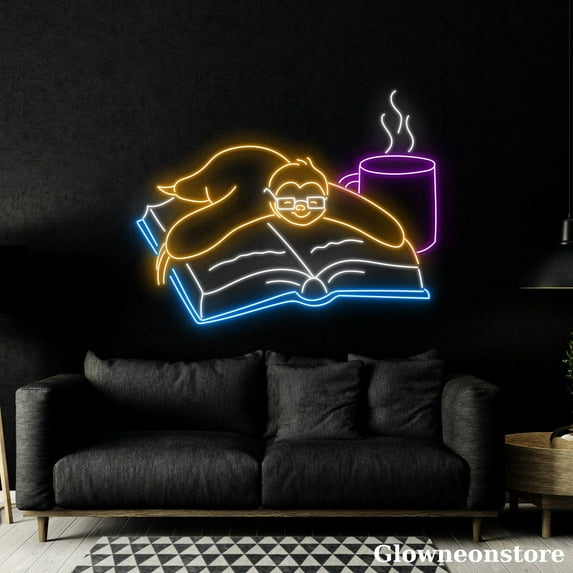 Glowneon Sloth Reading Book Neon Sign, Book Neon Light, Reading Books ...