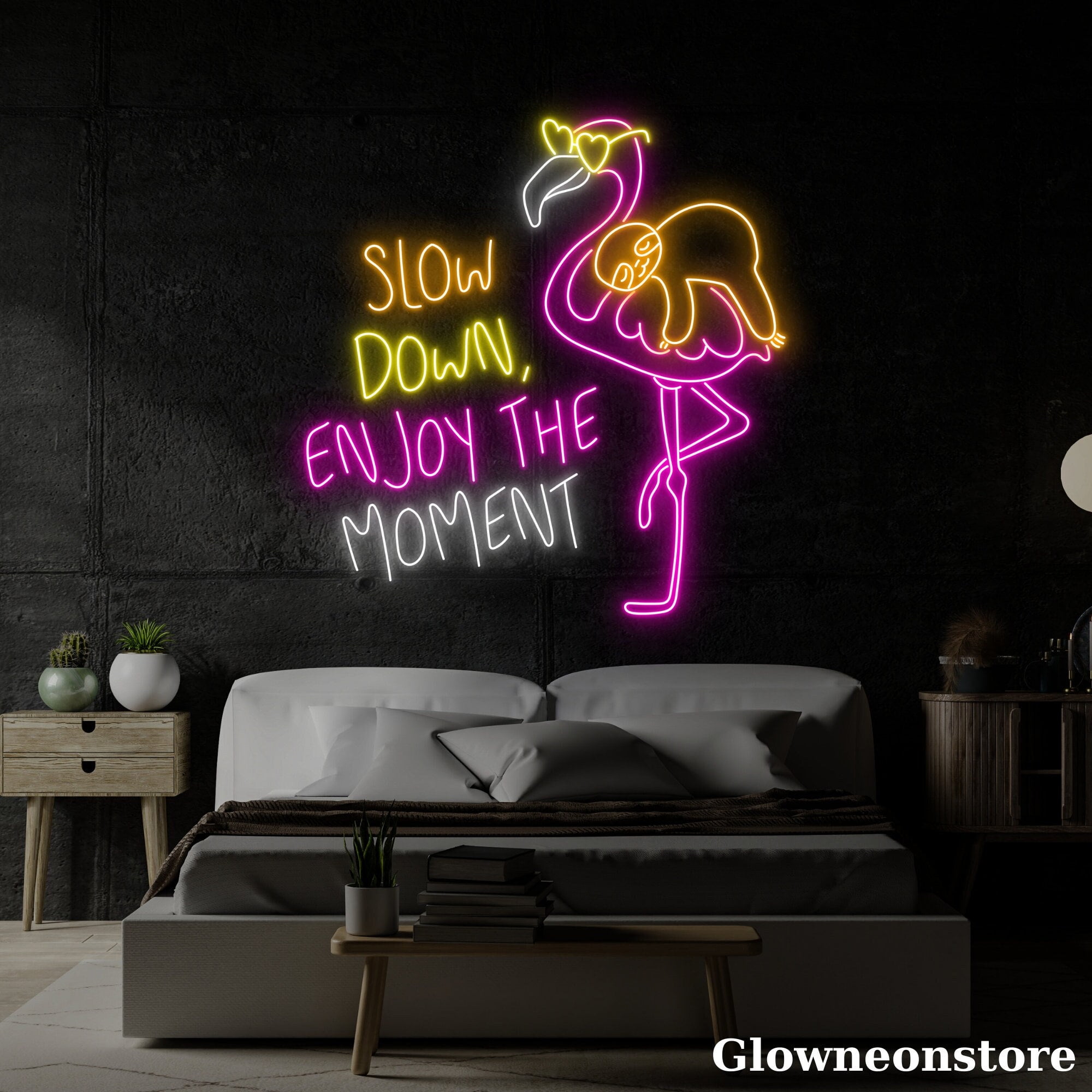 Glowneon Slow Down Enjoy The Moment Neon Sign, Flamingo Piggyback Sloth ...