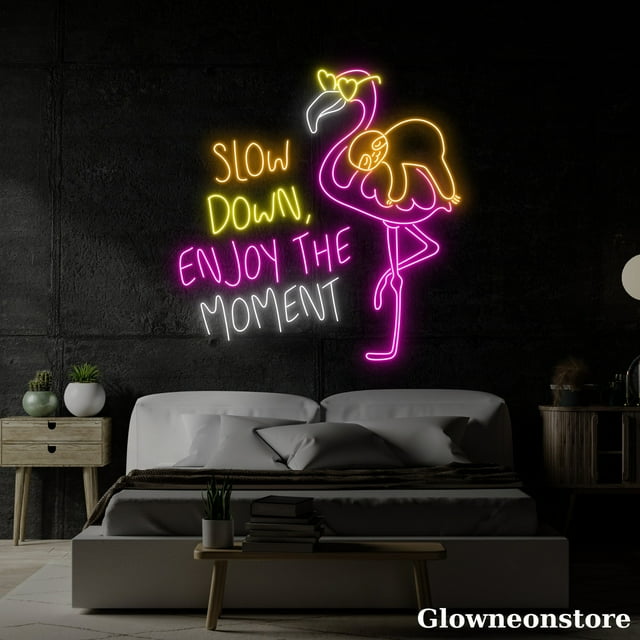 Glowneon Slow Down Enjoy The Moment Neon Sign, Flamingo Piggyback Sloth ...