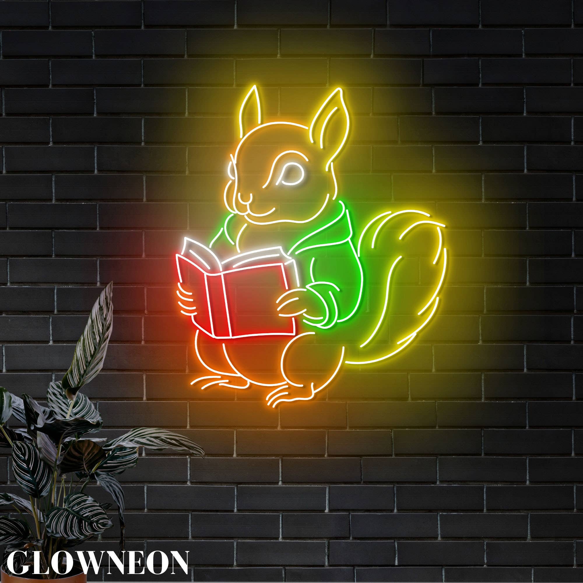 Glowneon Squirrel Read Book Led Light Sign, Book Store Neon Wall Art ...