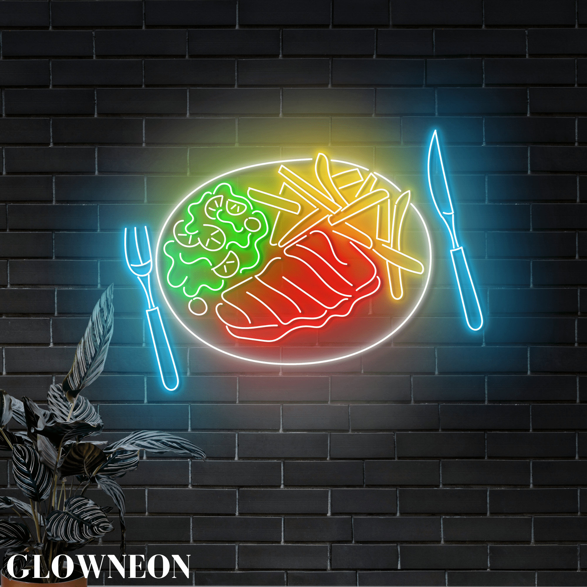 Glowneon Steak Fries Salad Led Wall Decor, Beef Steak Restaurant Sign ...