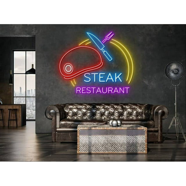 Glowneon Steak Neon Sign, Steak BBQ Restaurant Signboard, Wall Decor ...