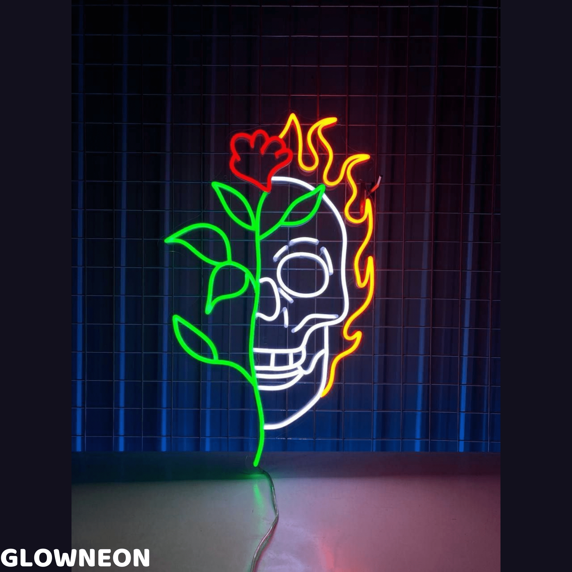 Glowneon Sugar Skull Flower Fire Neon Sign, Skull Man Cave Led Light ...