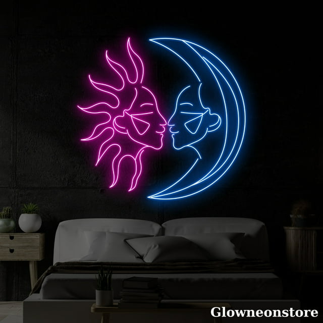 Glowneon Sun and Moon Kissing Neon Sign, Sun and Moon Wall Decor ...