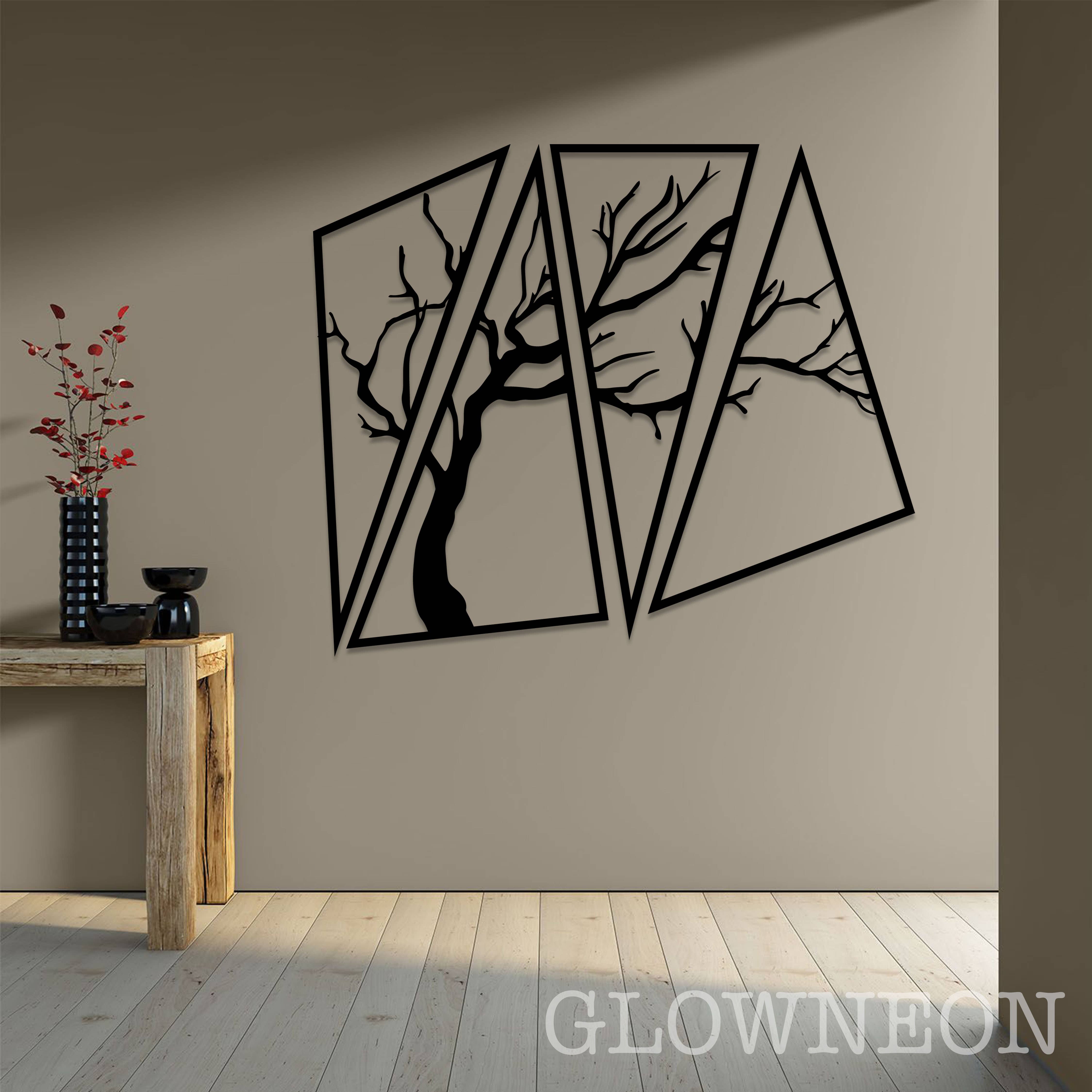 Glowneon Tree Metal Wall Art, Set Of 4 Tree Panels Metal Wall Decor ...