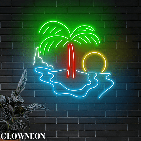 Glowneon Tropic Neon Sign, Tropical Beach Palm Tree Sunset Wall Decor ...