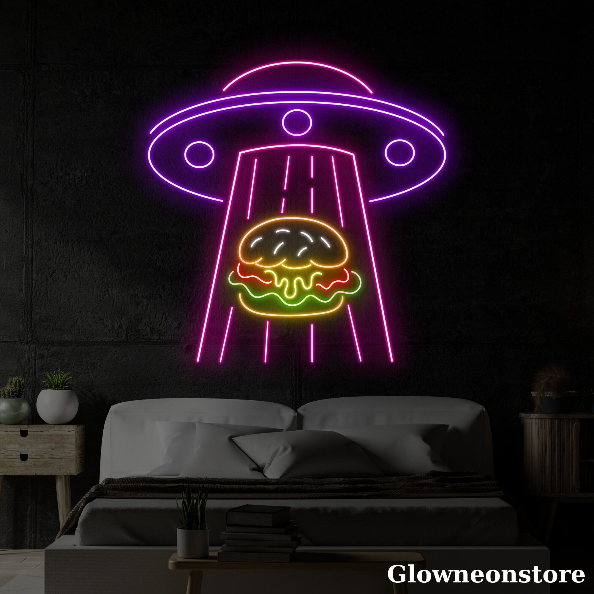 Glowneon UFO Abduction Burger Neon Sign, Alien Abducting Burger Led ...