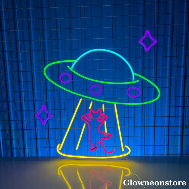 Glowneon UFO Abduction Cat Neon Sign, Alien Abducting Cat Led Sign, UFO ...