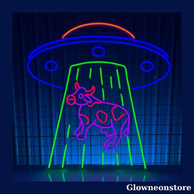 Glowneon UFO Abduction Cow Neon Sign, Alien Abducting Cow Led Sign, UFO ...