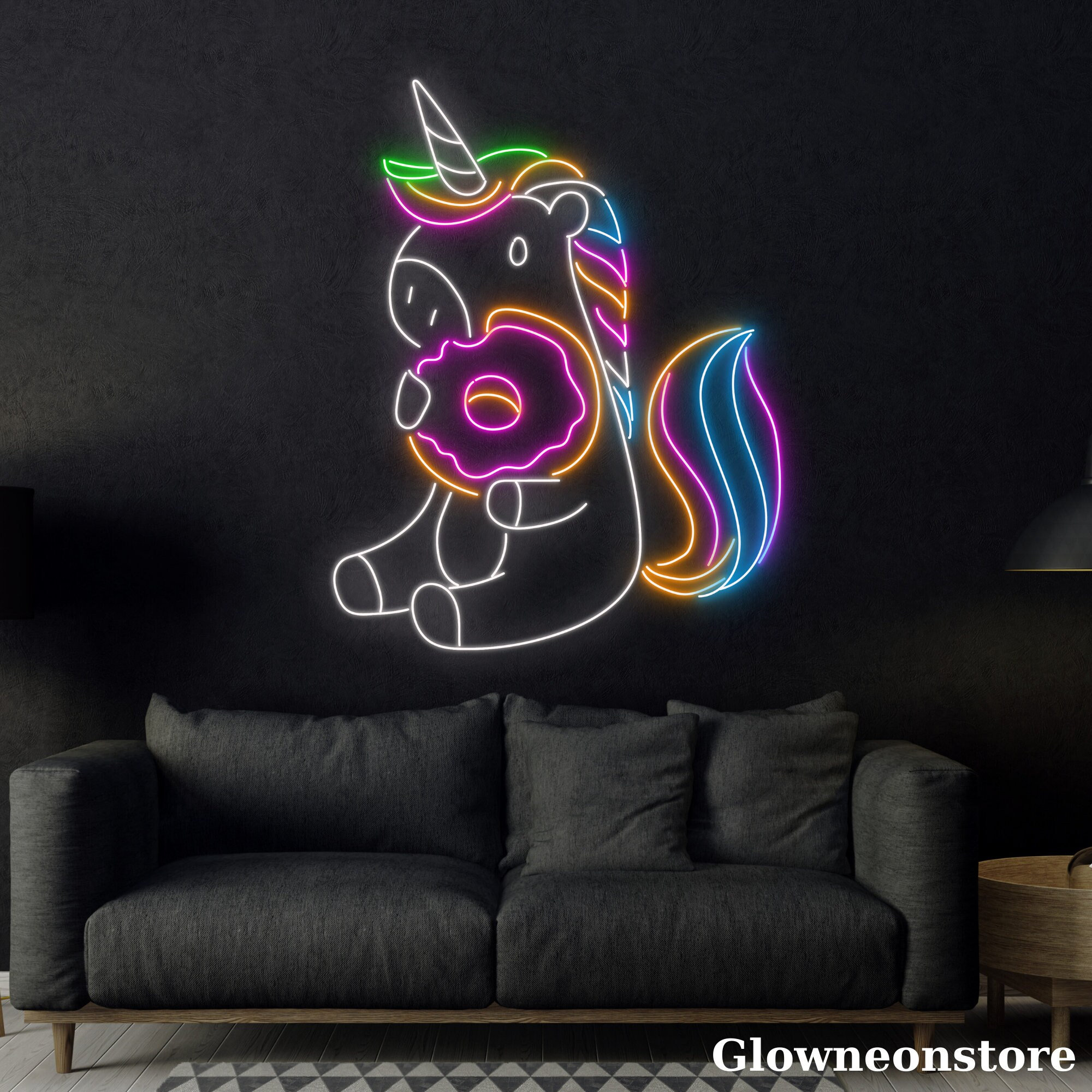 Glowneon Unicorn Eat Donut Neon Sign, Donut Unicorn LED Sign, Cartoon ...