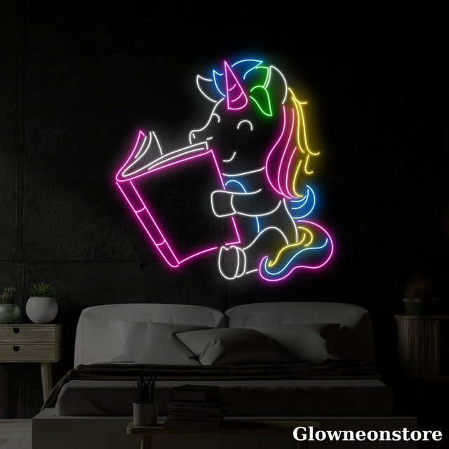Glowneon Unicorn Reading Book Neon Sign, Book Neon Light, Reading Books ...