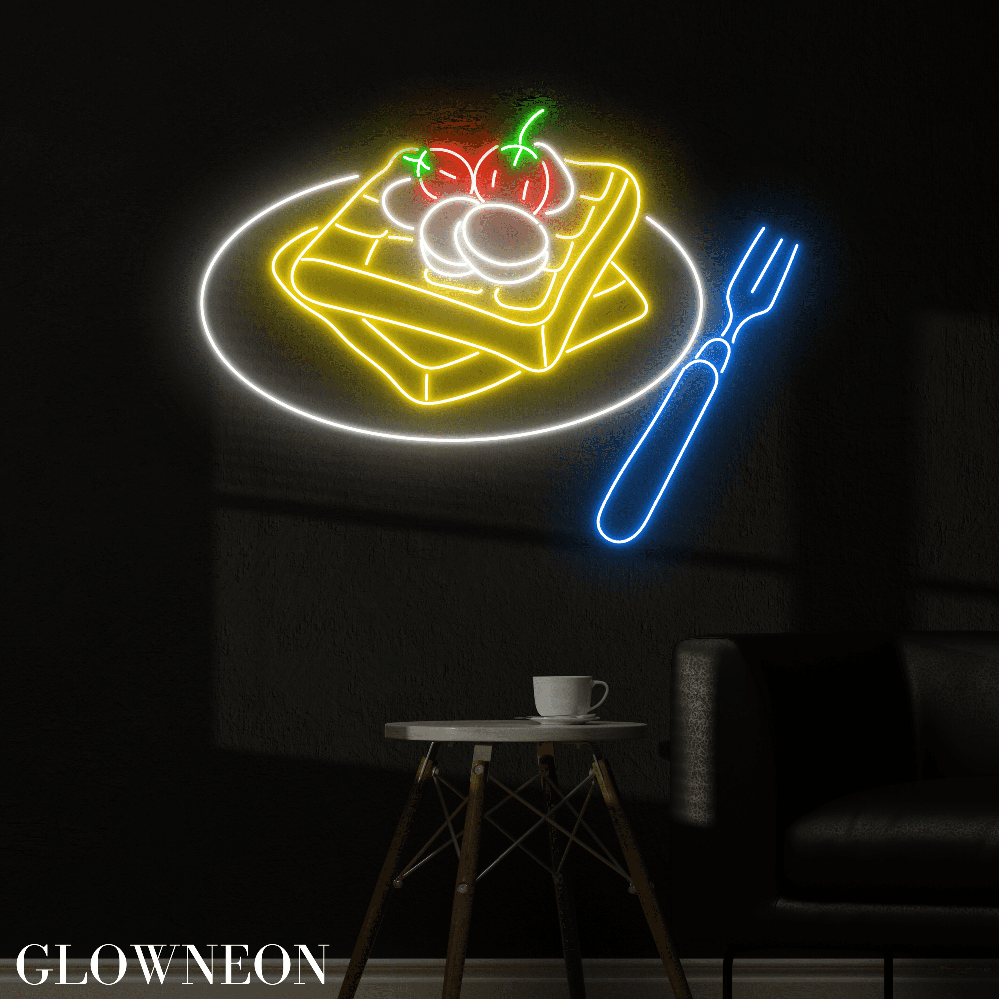 Glowneon Waffle Strawberry Neon Sign, Waffle Dessert Shop Wall Decor ...