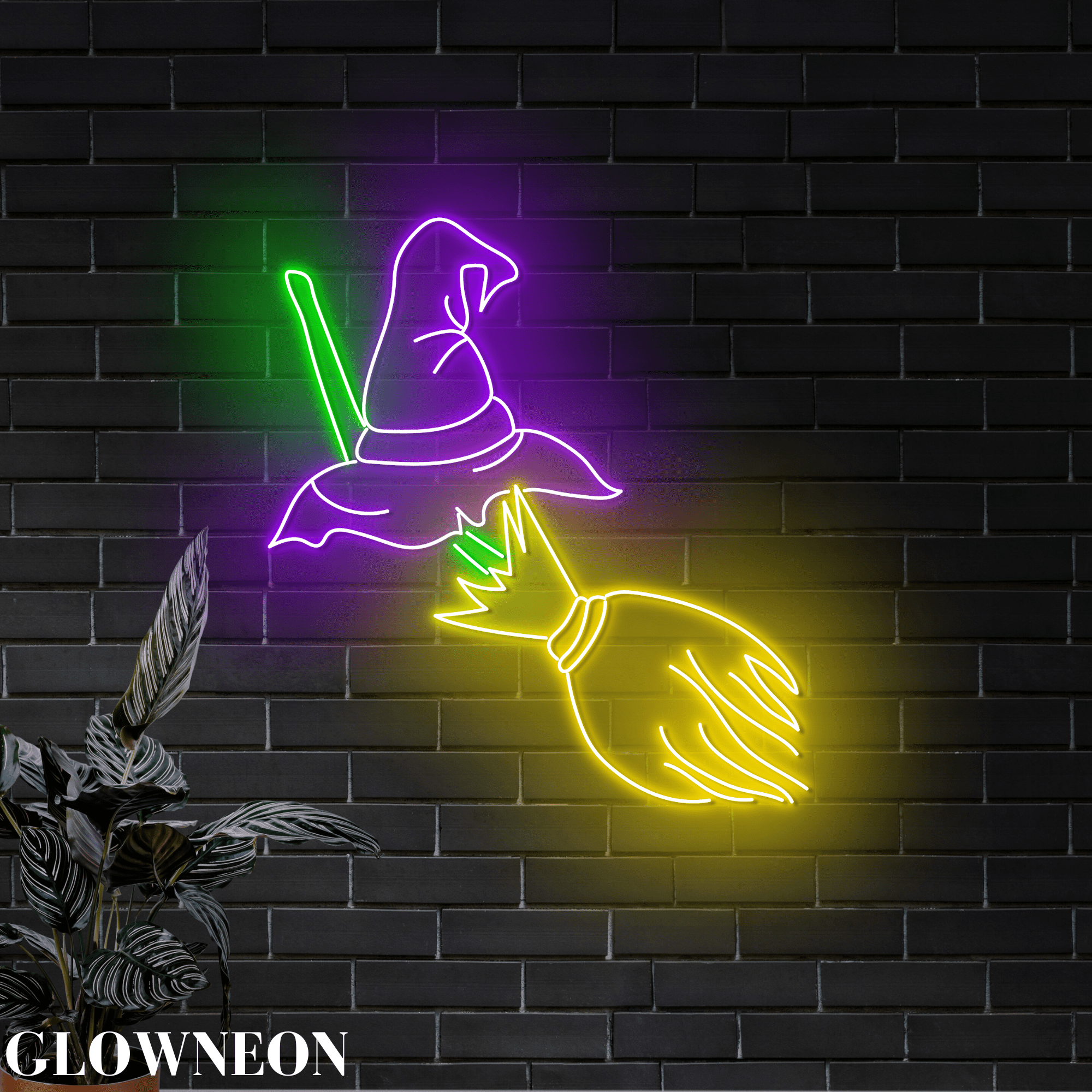 Glowneon Witch Hat & Broom Led Sign, Witch Halloween Party Wall Decor ...