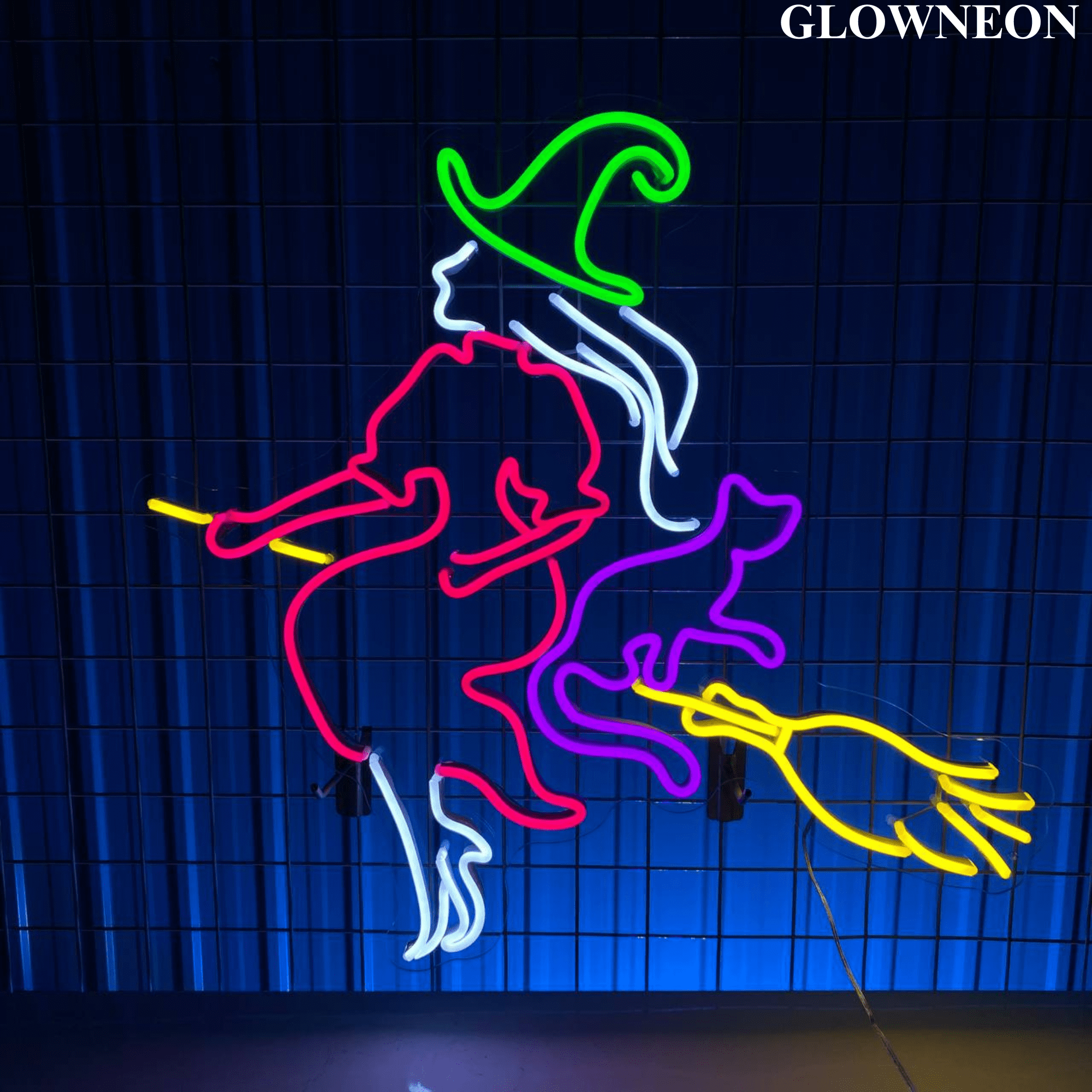 Glowneon Witch Ride Broom Wall Art, Witch Halloween Neon Wall Decor ...