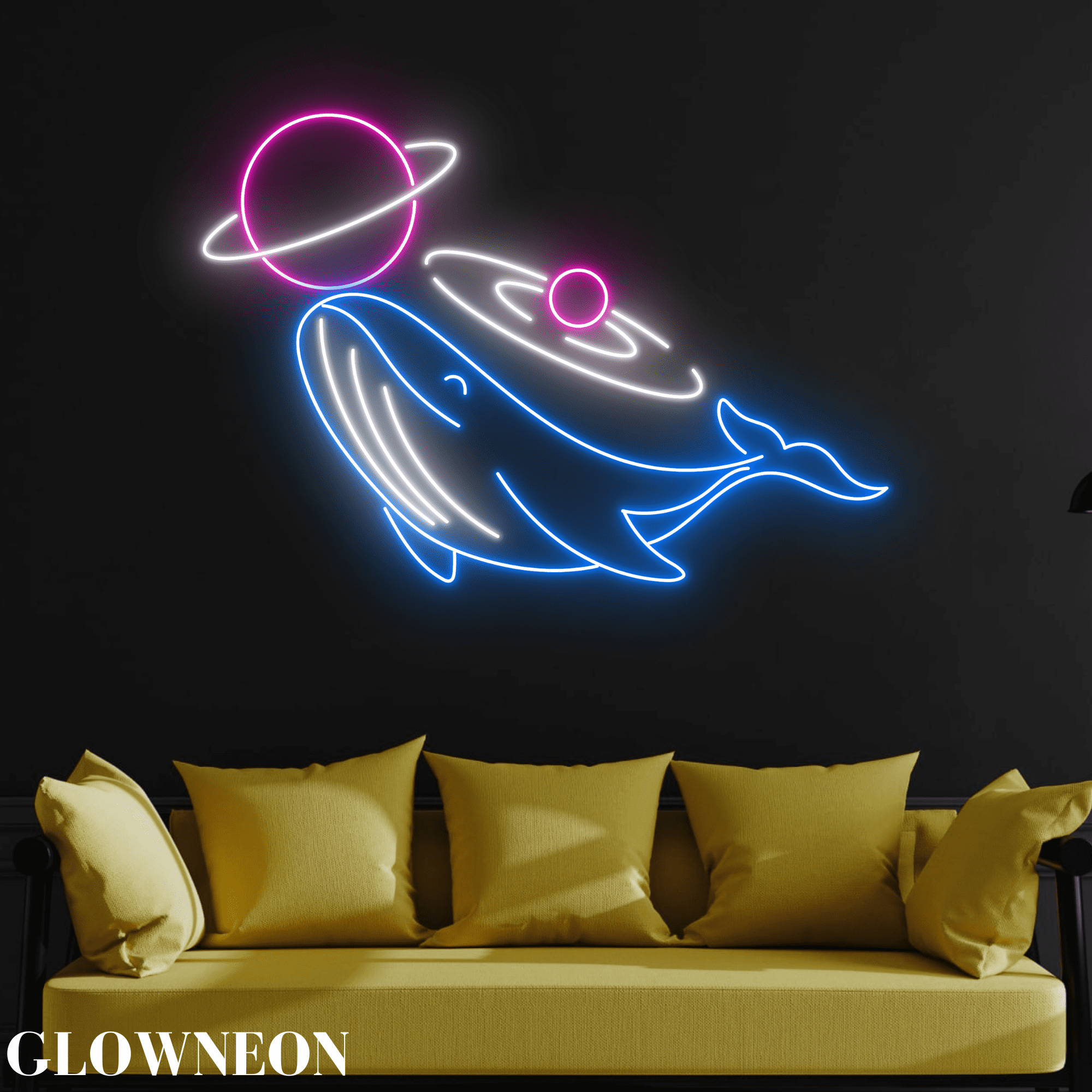 Glownneon Neon Light Blue Whale With Planet Bedroom Night Light Decor ...