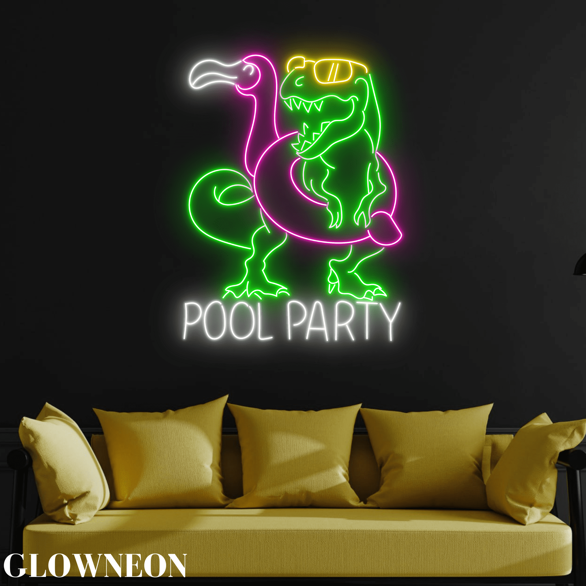 Glownneon Pool Party Neon Light, Dinosaur With Float Wall Art Decor ...