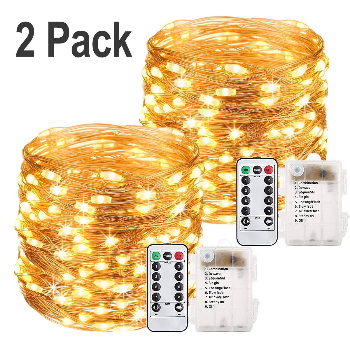 GLUAAE 2 Pack Fairy Lights, 200 LED, 66Ft Copper Wire, 8 Modes, Battery ...
