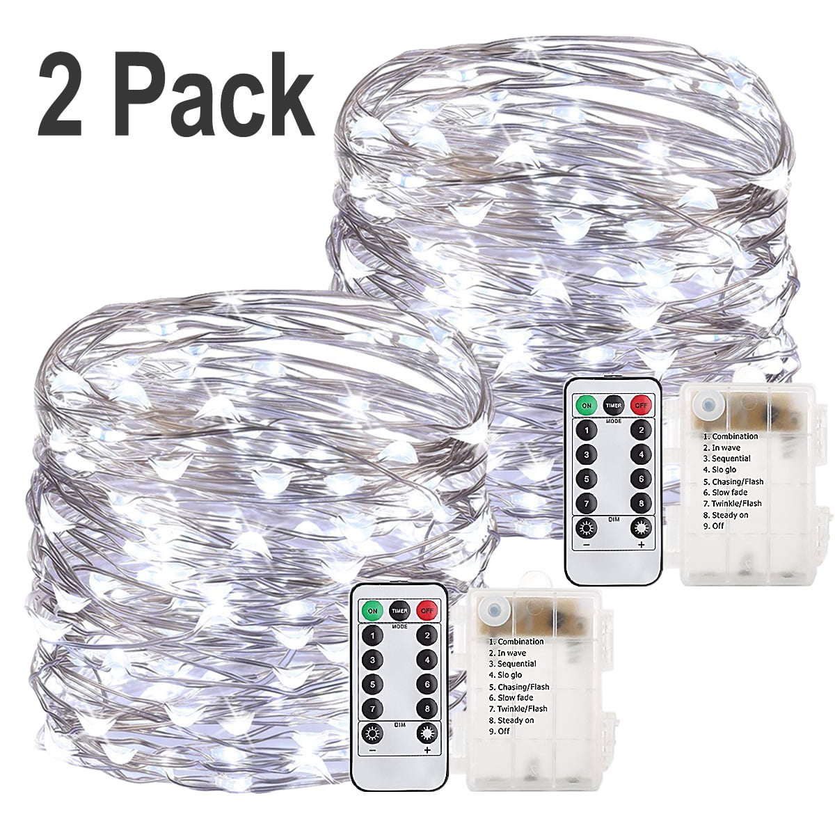 GLUAAE 2 Pack 200 LED Fairy Lights, 66Ft Battery Operated Christmas ...