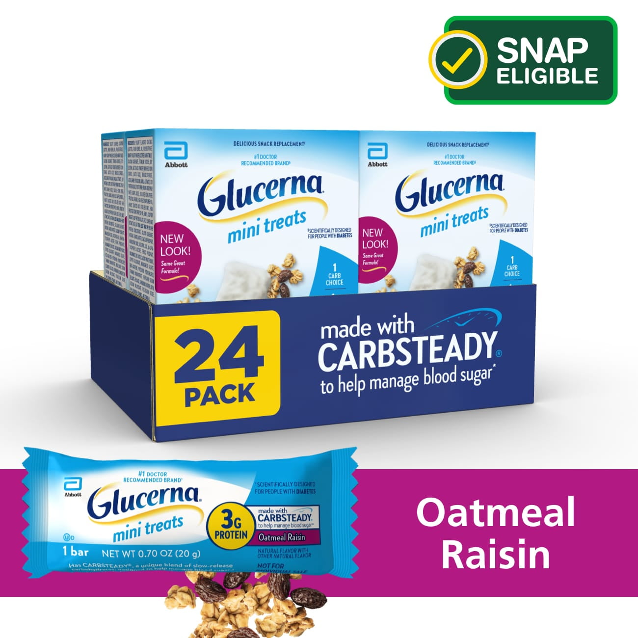 Glucerna Mini Treats Diabetic Snack, Oatmeal Raisin, 6-Bar Pack, 24 ...