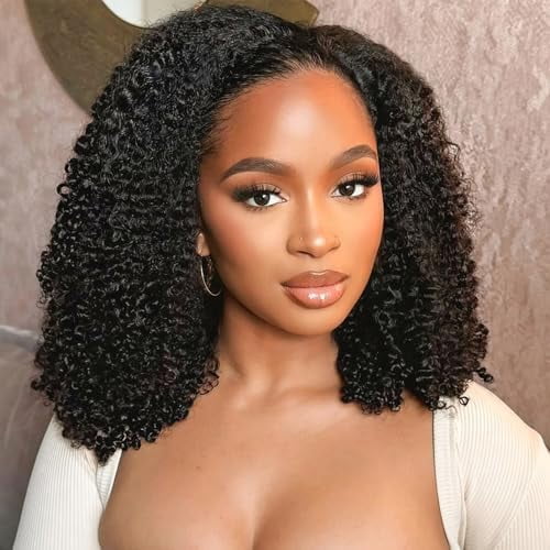 Glueless Half Wig Human Hair Kinky Curly 200 Density 3 In 1 Seamless ...
