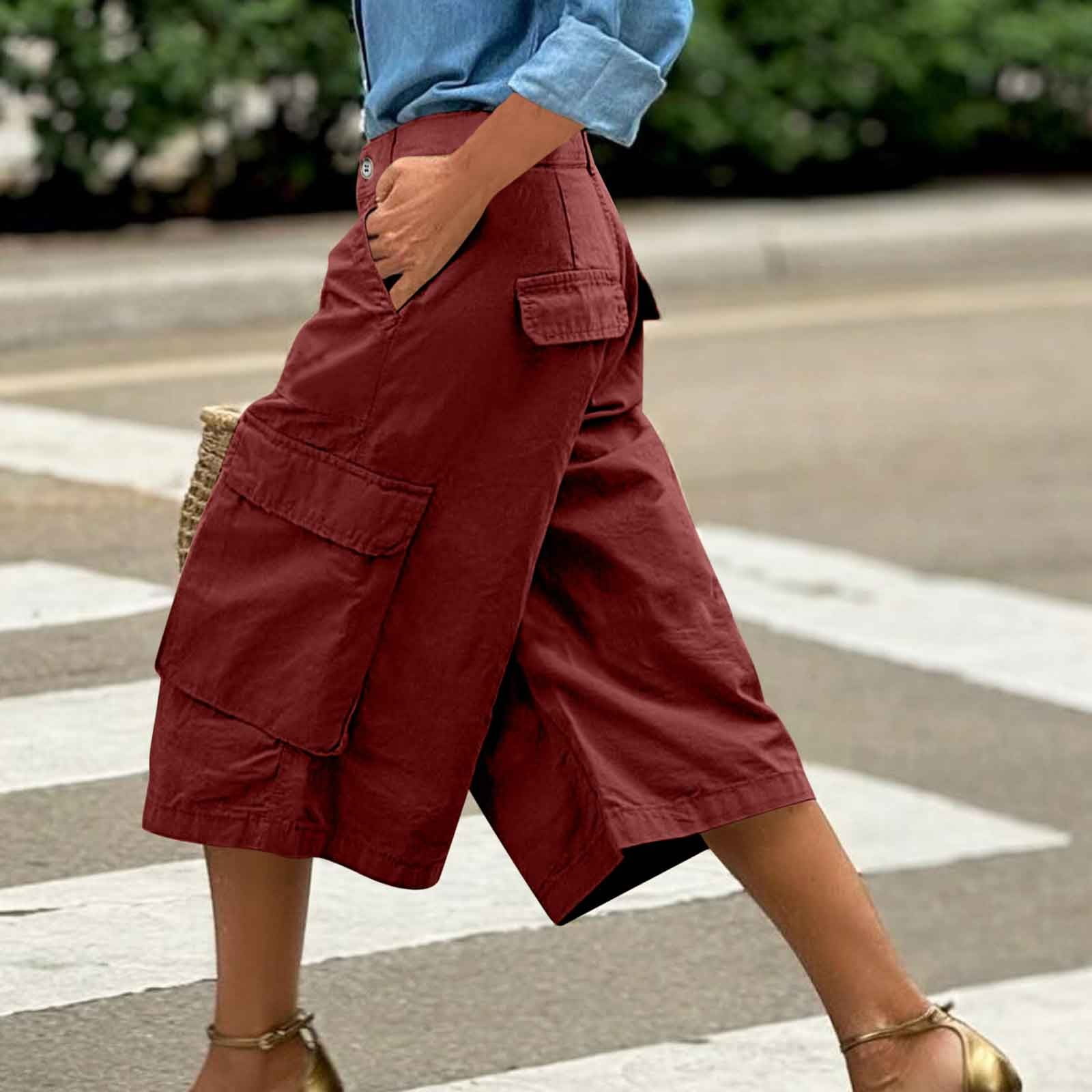 Gmdeguo Cropped Cargo Trousers for Women Casual Wide Leg Capri Pants ...