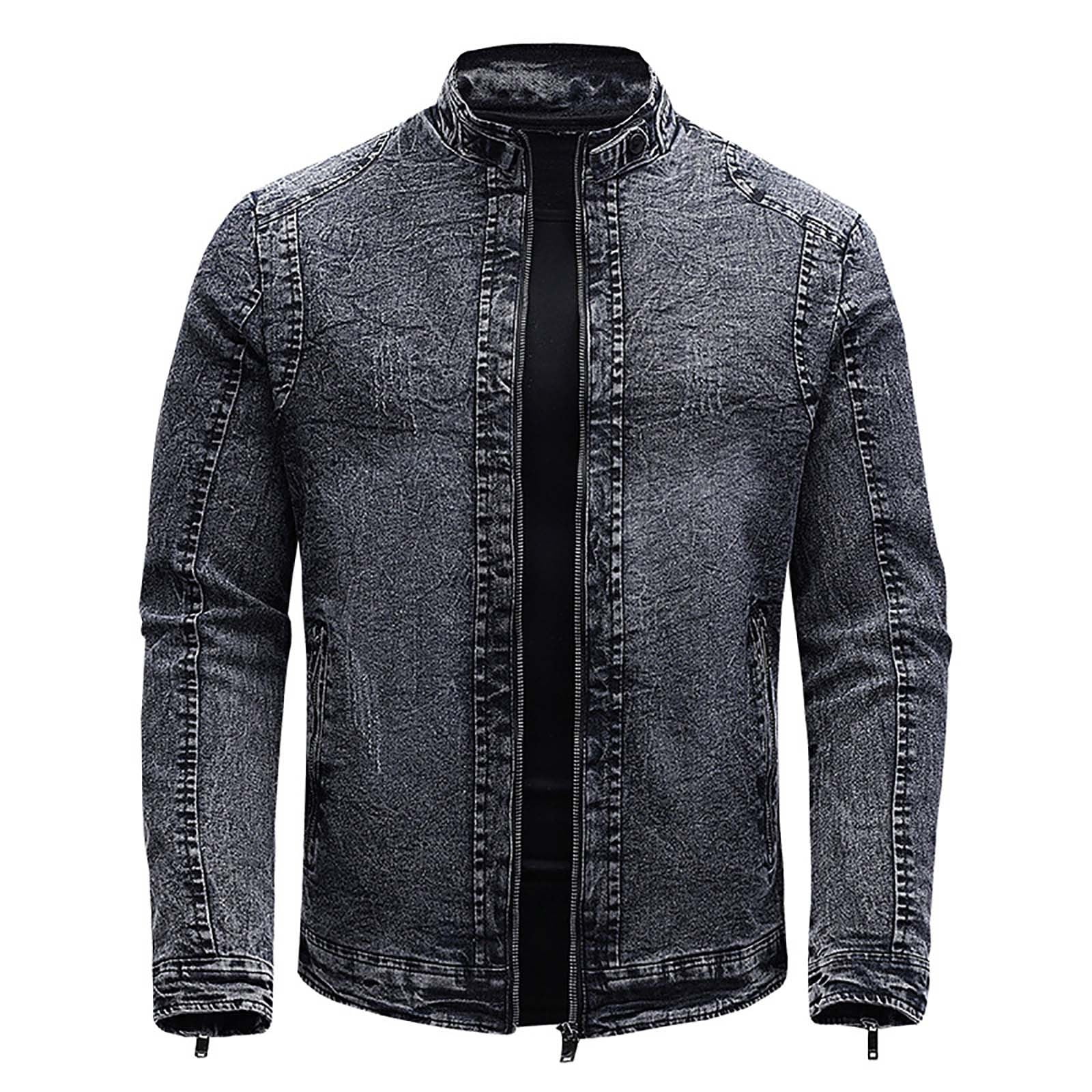 Gmdeguo Mens Denim Jackets Full Zip Up Mock Neck Long-lined Fleece ...