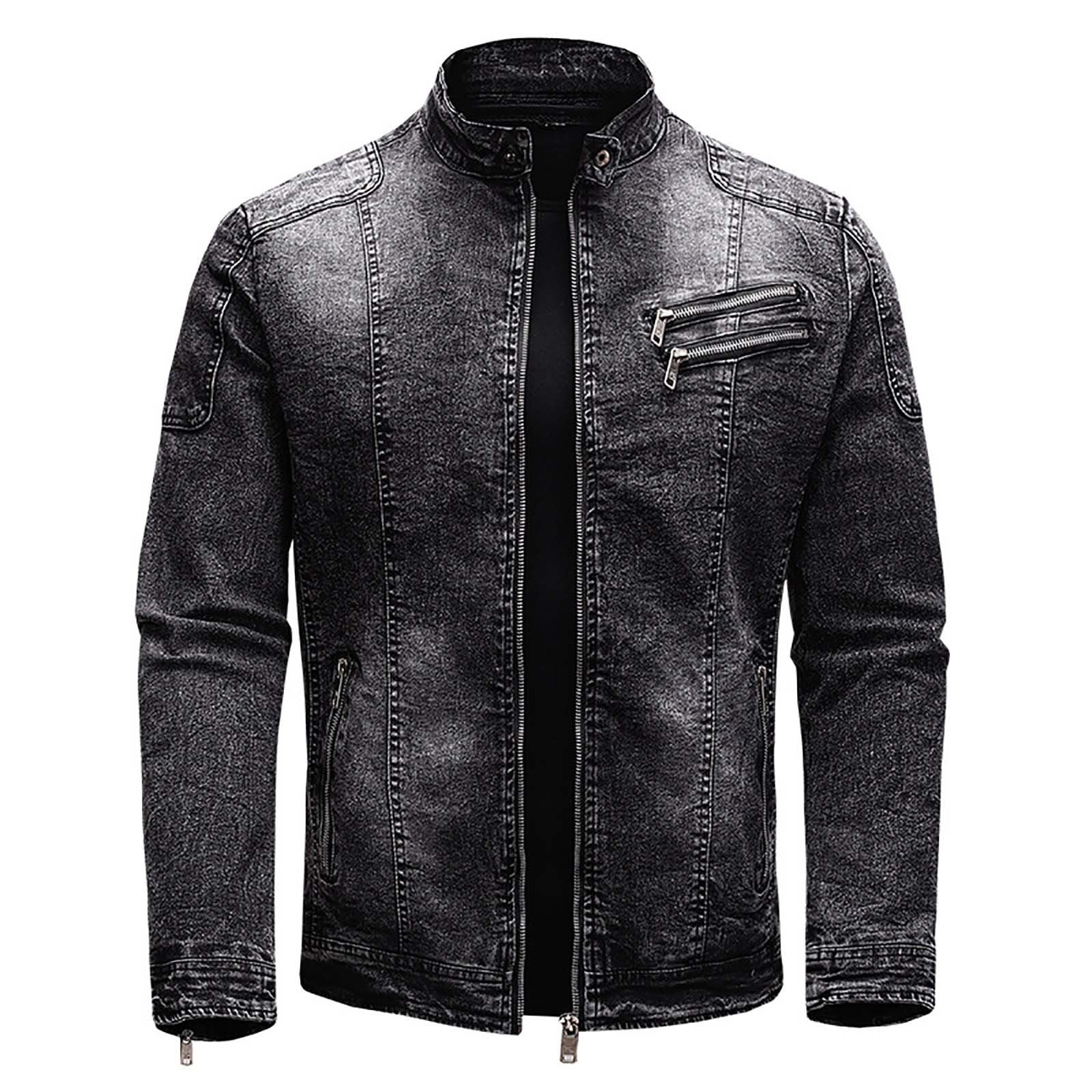 Gmdeguo Mens Denim Jackets Full Zip Up Mock Neck Long-lined Fleece ...