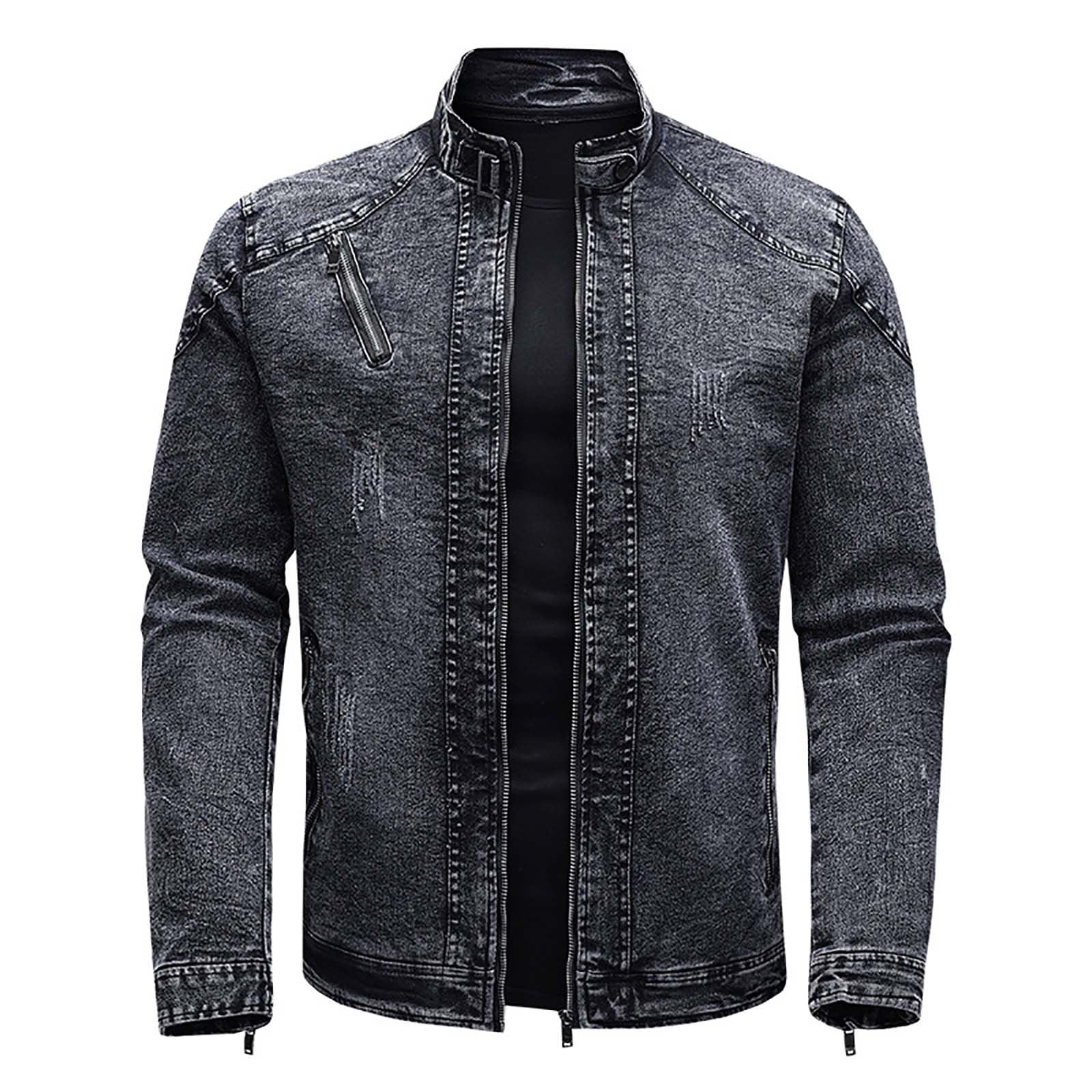 Gmdeguo Mens Denim Jackets Full Zip Up Mock Neck Long-lined Fleece ...