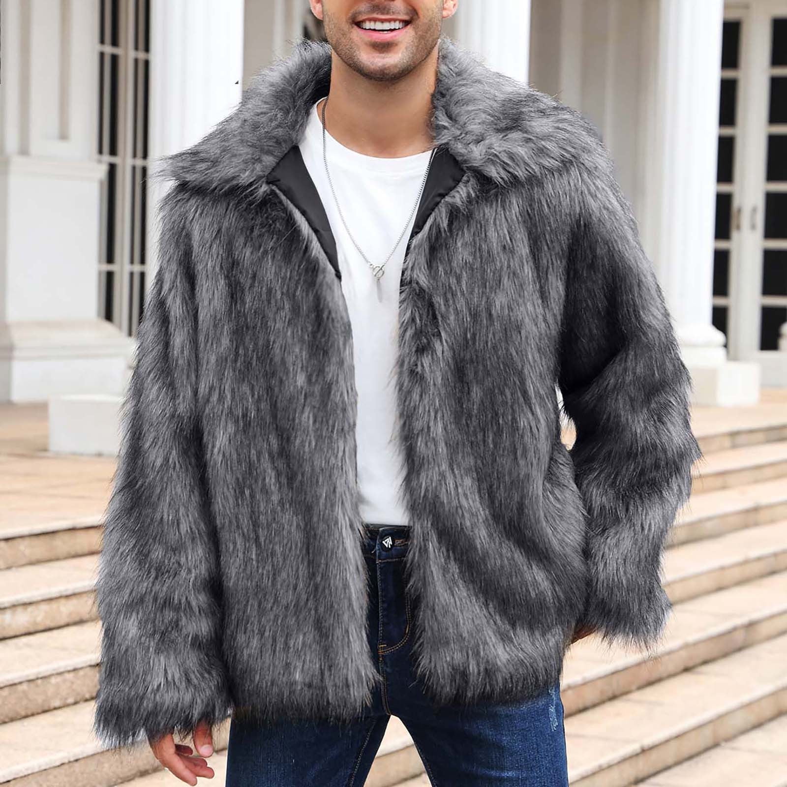Gmdeguo Mens Faux Fur Coat Jacket Long 2024 Winter Warm Thicken Furry Parka Overcoat Luxury ...