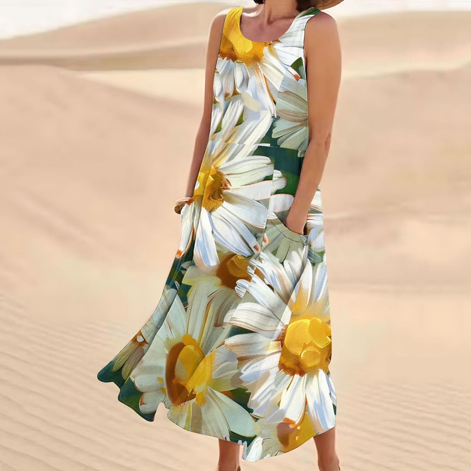 Gmdeguo Sundresses for Womens Casual Sleeveless Cotton Linen Long Dress ...