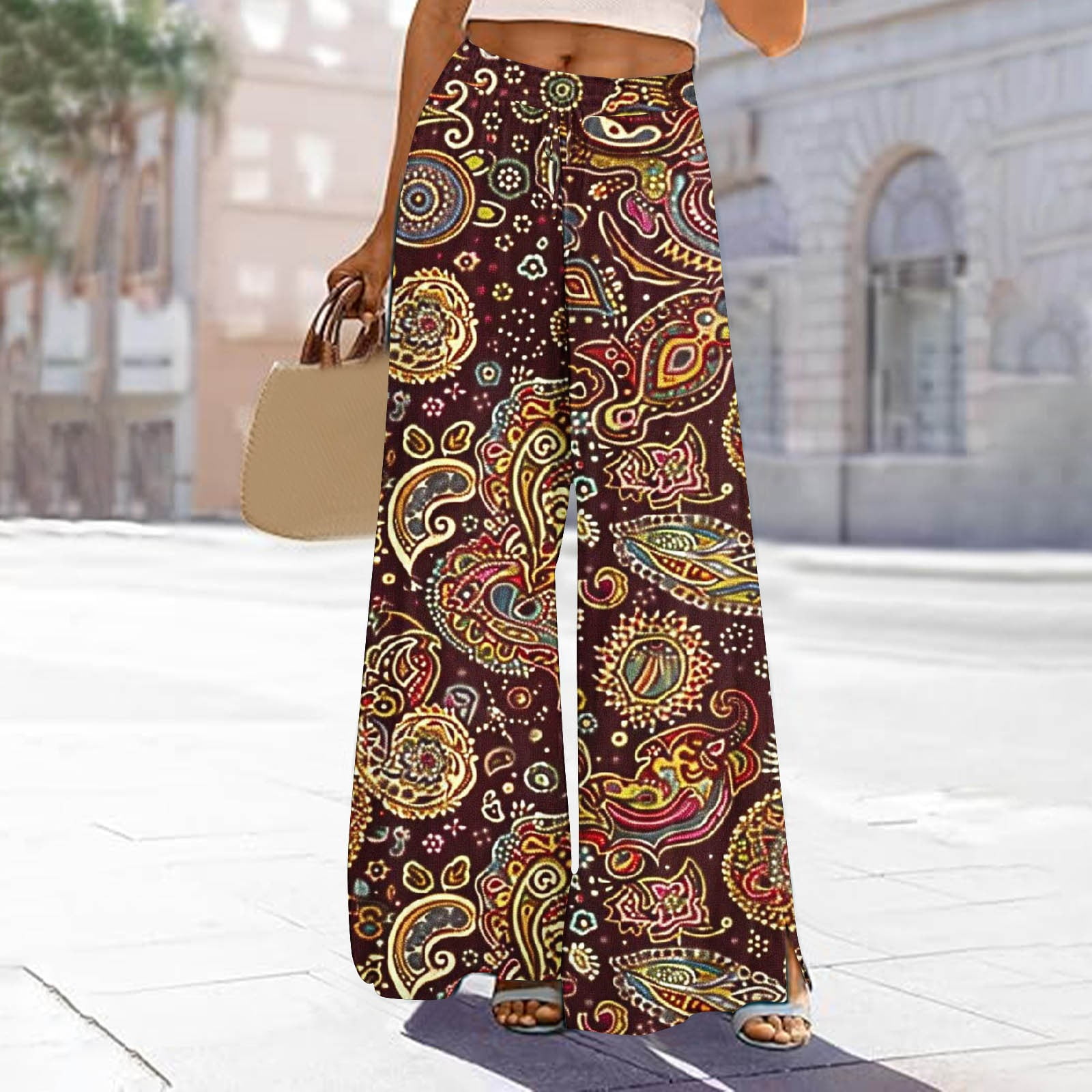 Gmdeguo Women Floral Prints Drawstring Waist Wide Leg Flowy Pants Loose ...