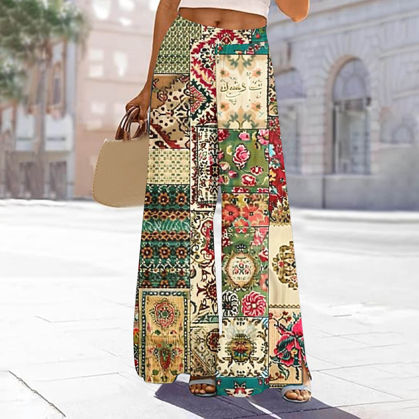 Gmdeguo Women Floral Prints Drawstring Waist Wide Leg Flowy Pants Loose ...