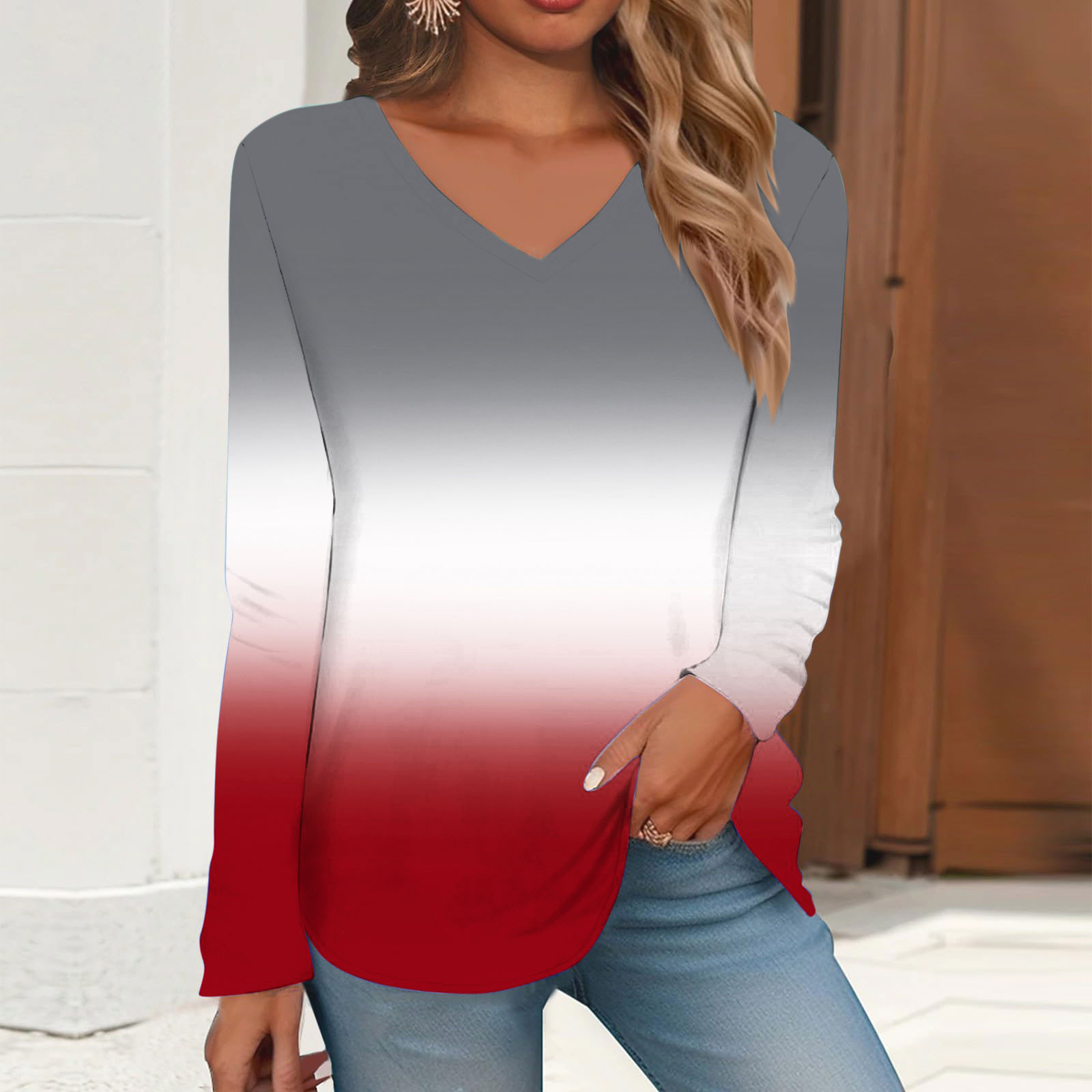 Gmdeguo Women's Solid V-Neck Long Sleeve Top Y2k Tees Tops 2000s Summer ...