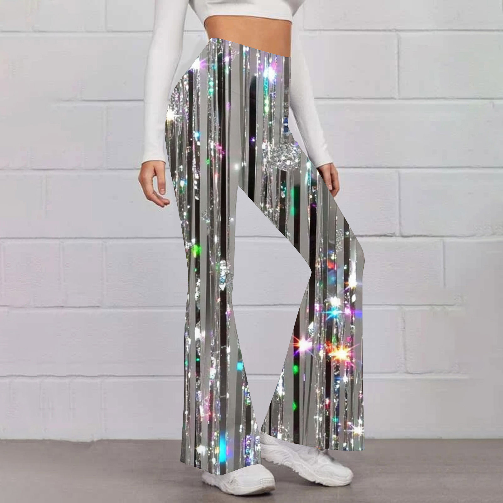 Gmdeguo Womens Casual Sparkly Sequin Pants High Waisted Wide Leg ...