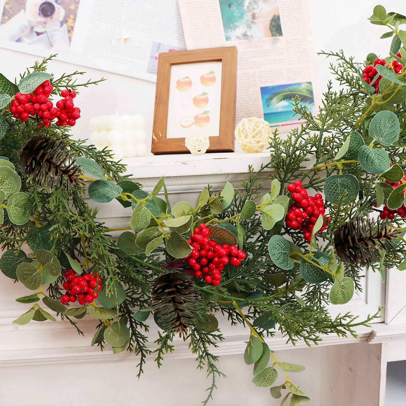 Gmogad 70in Christmas Rattan Garland with Red Berries, Fake Flower Vine ...
