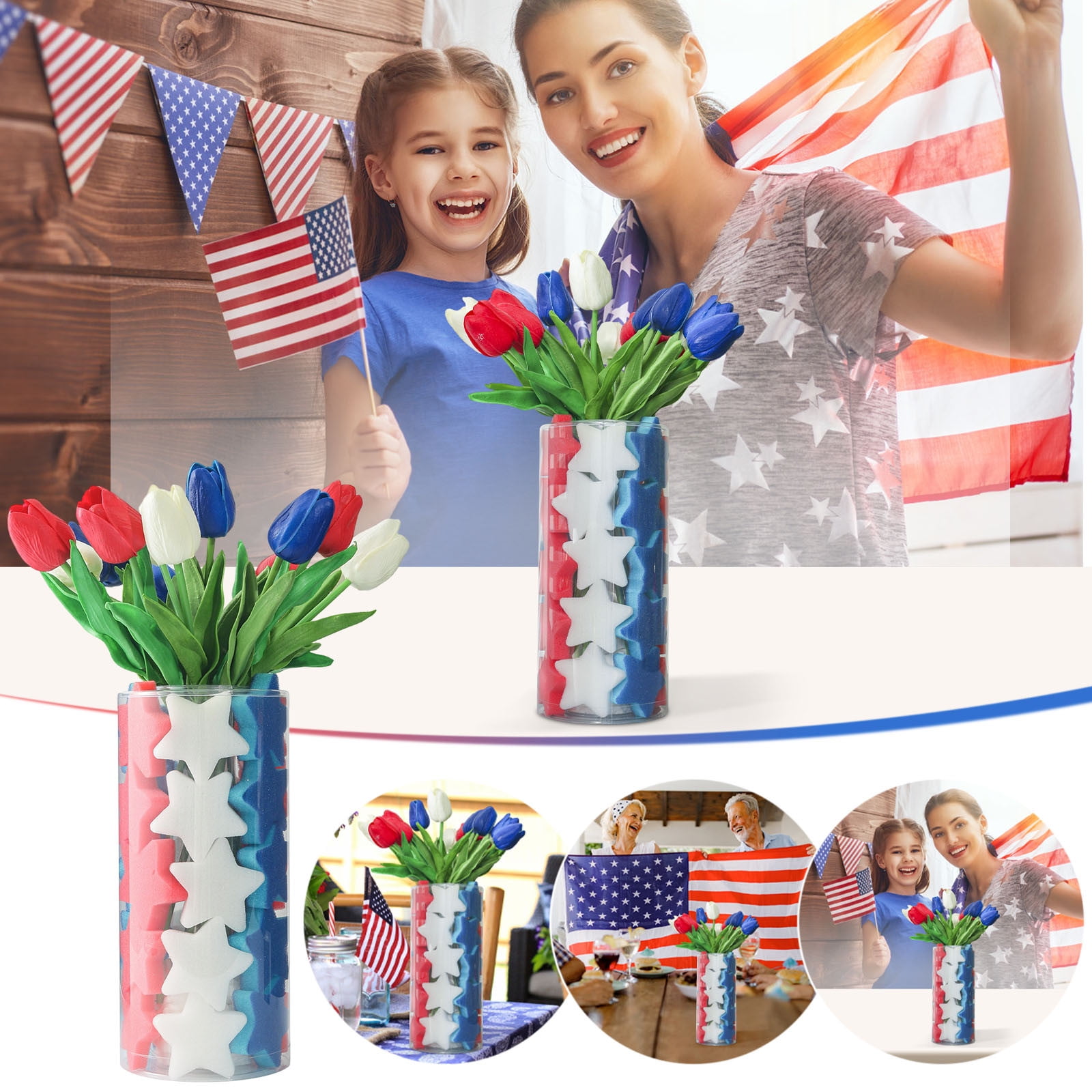 Gmogad Patriotic Star Table Decor with Artificial Tulips - Red White ...