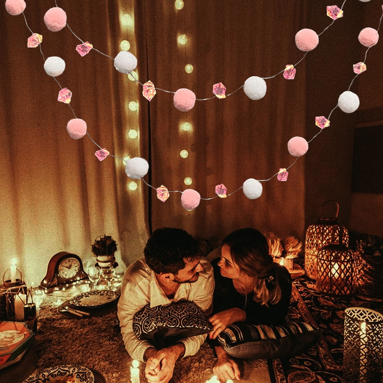Gmogad Valentines Day Faux-Diamond Plush Poms-Poms String Lights ...