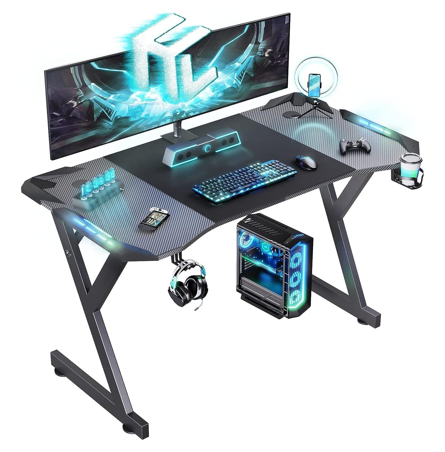 GnHoCh 47 Inch Gaming Desk with LED Lights, Ergonomic Computer Gaming ...