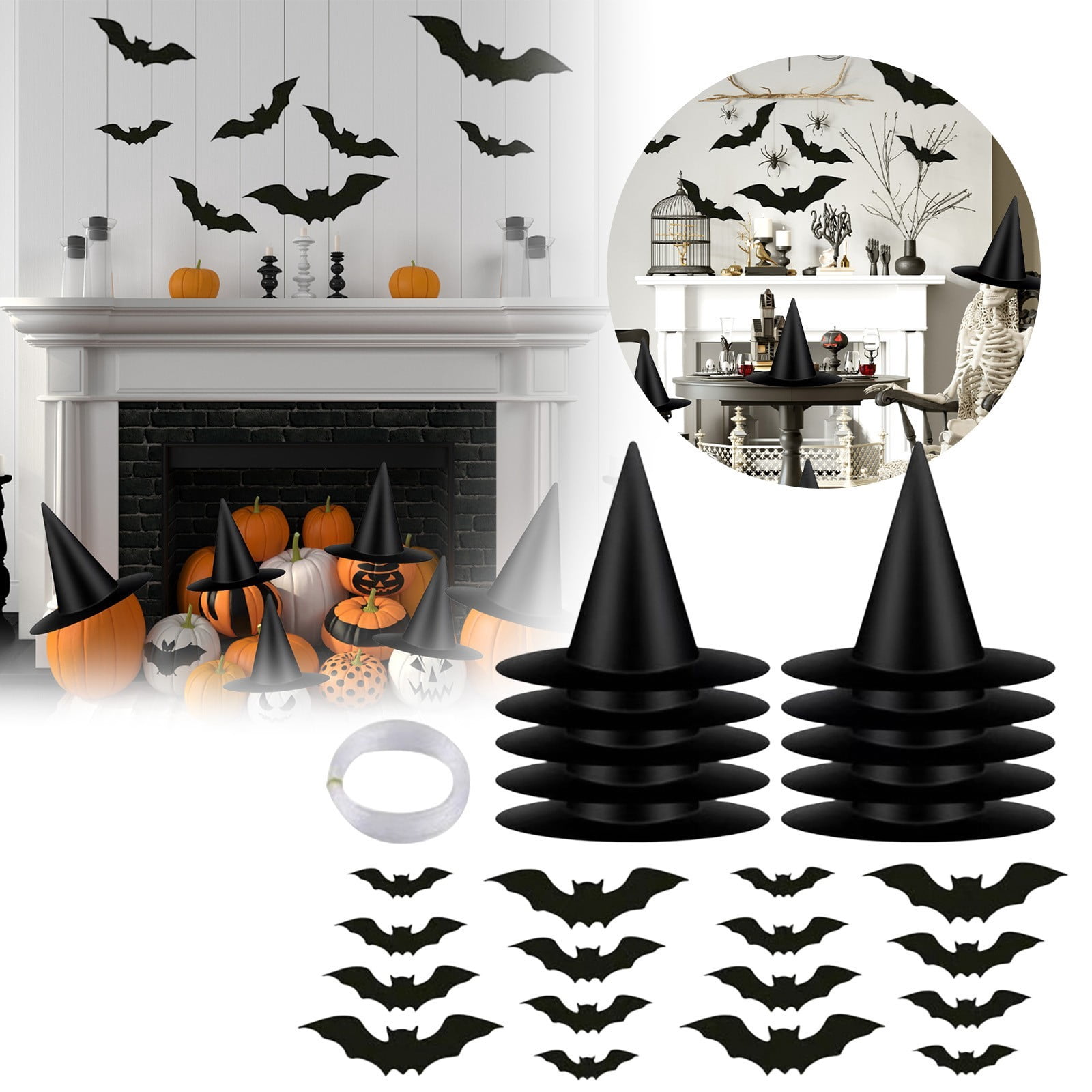 Gnoleg 12 Pack Halloween Witch Hats with 24 Bat Decorations Black ...