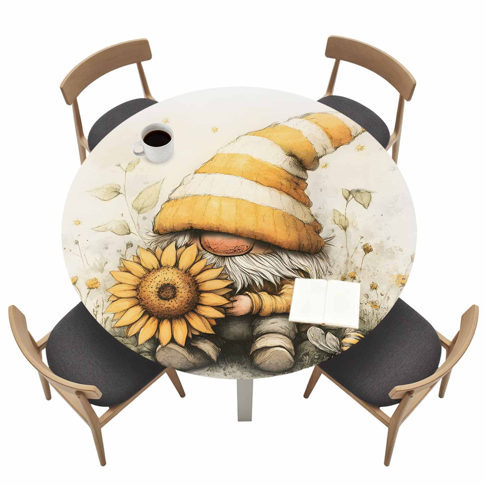 Gnome Bee Round Fitted Tablecloth with Elastic Edge Yellow Sunflower ...