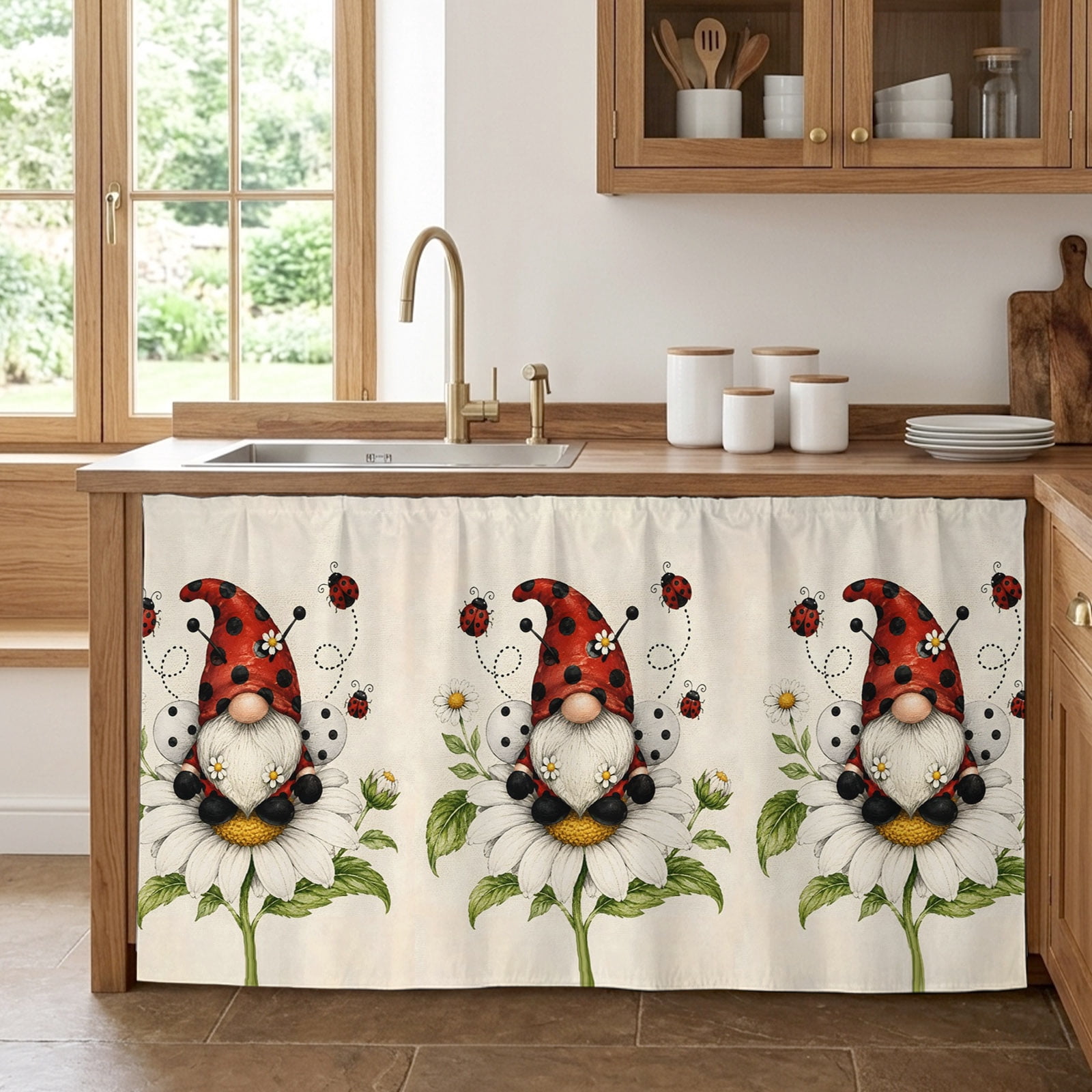 Gnome Cabinet Curtains 28" W x 51" L, Spring Daisy Ladybugs Polka Dots ...
