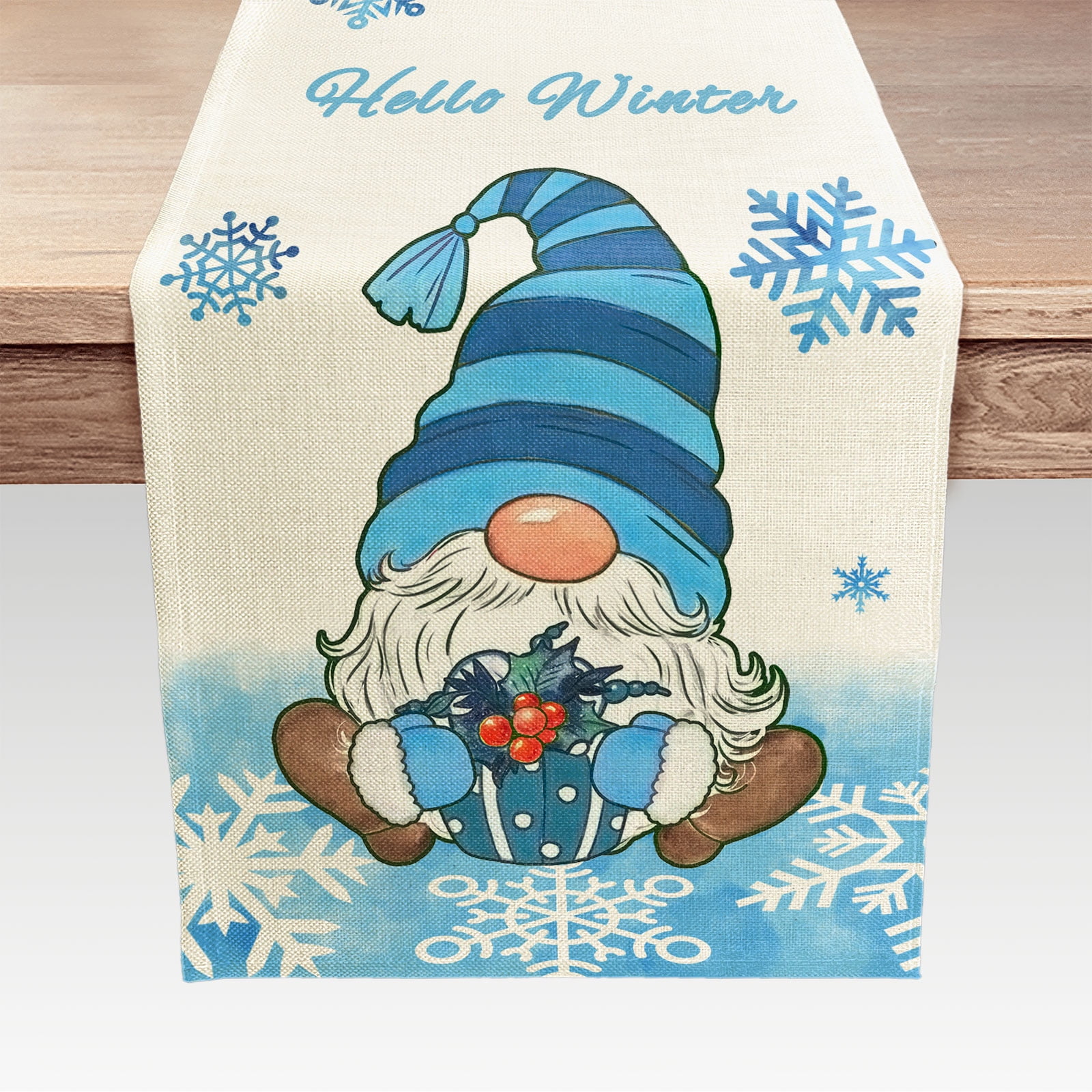 Gnome Christmas Table Runner, Linen Seasonal Winter Snowflake Blue ...