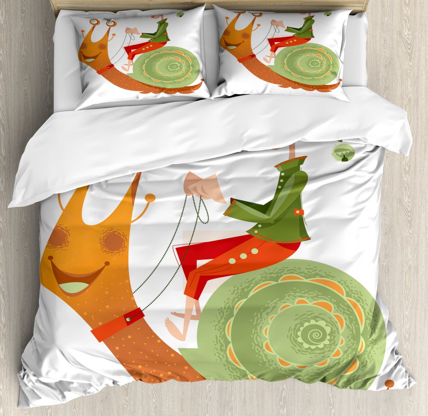 Gnome Duvet Cover Set King Size, Little Elf Riding a Snail Pastel ...