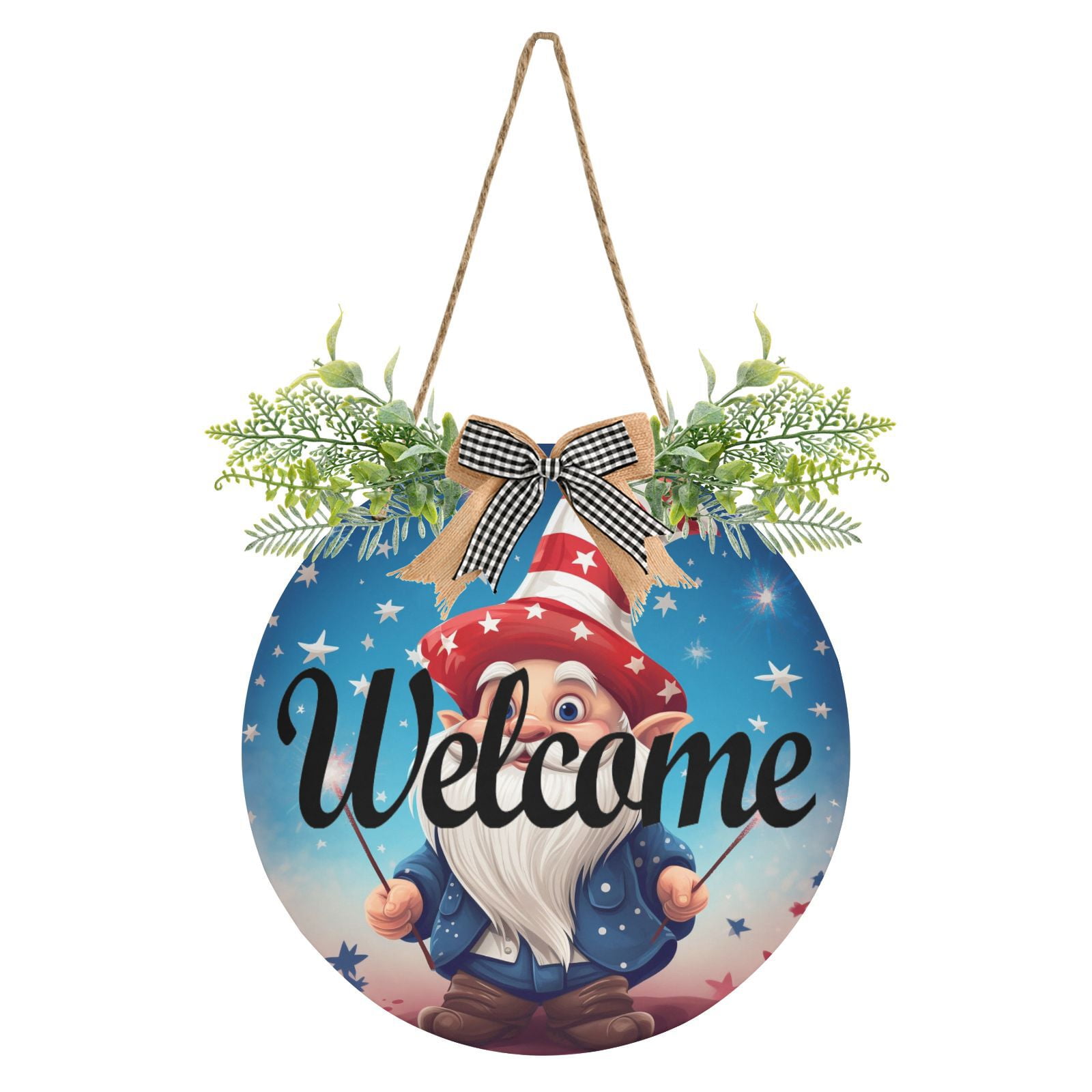 Gnome Fireworks American Flags Welcome Sign for Front Door Wreath Door ...