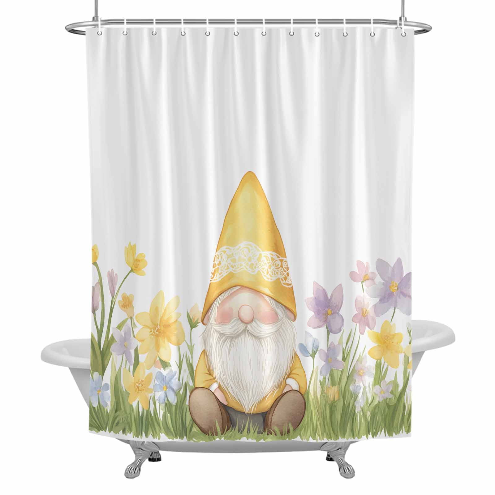 Gnome Flower Shower Curtain for Bathroom, Vintage Yellow Dwarf Floral ...