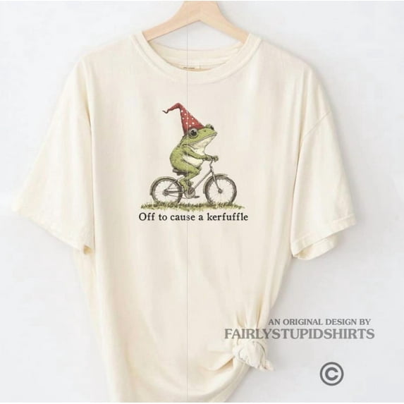 Gnome Hat Frog on Bike Graphic Tee, Playful Vintage Illustration Shirt with Nature Sketch Art ...