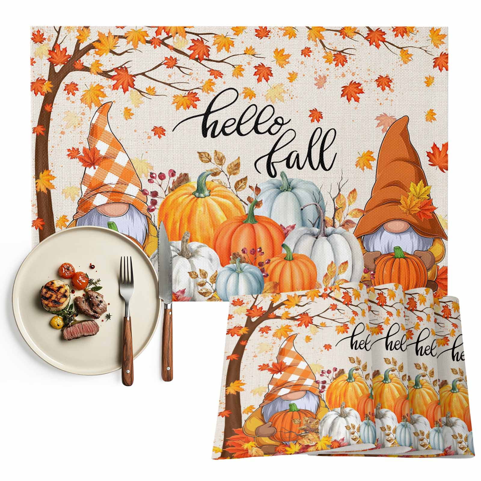 Gnome Pumpkin Fall Thanksgiving Placemat of 1 PC, Vintage Orange Leaf ...