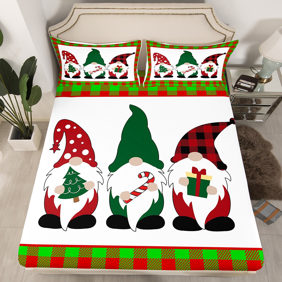 Gnome,Red Lattice Buffalo Checkered Plaid Bed Sheets Xmas Santa Claus Bedding Set Christmas Tree ...