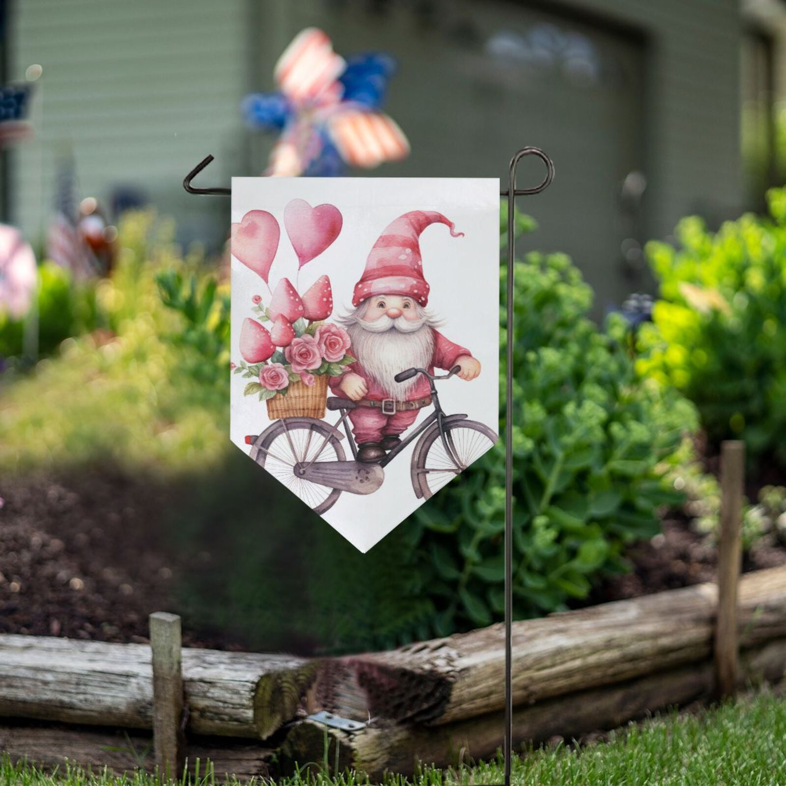 Gnome Roses Flowers Bike Garden Flag 18" x 12.5" Double Sided Yard Lawn Outdoor Decor Small Yard ...